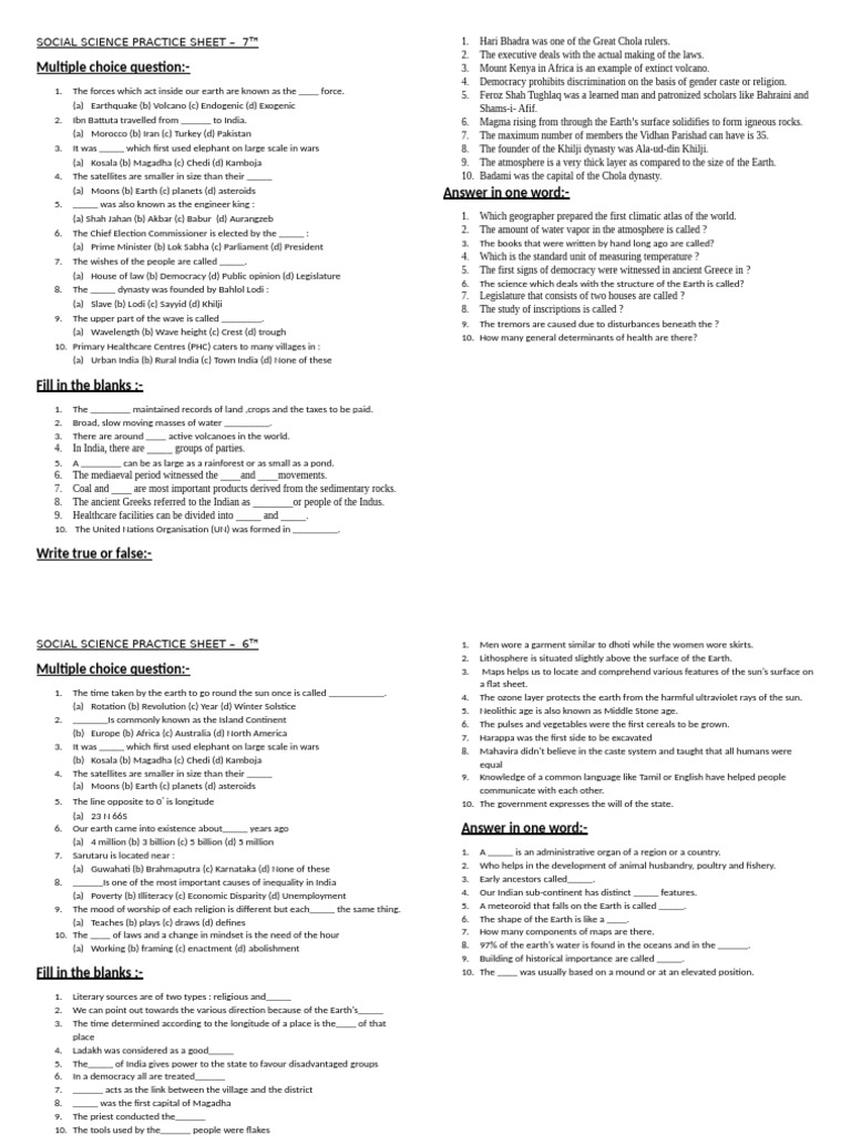 Social Science Practice Questions Sheet | PDF | Earth | Sun