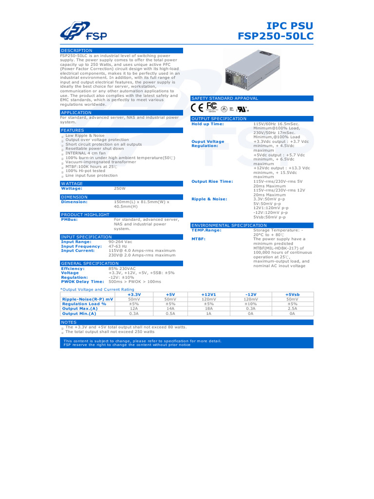 PSU FSP250-50LC | PDF | Power Supply | Manufactured Goods