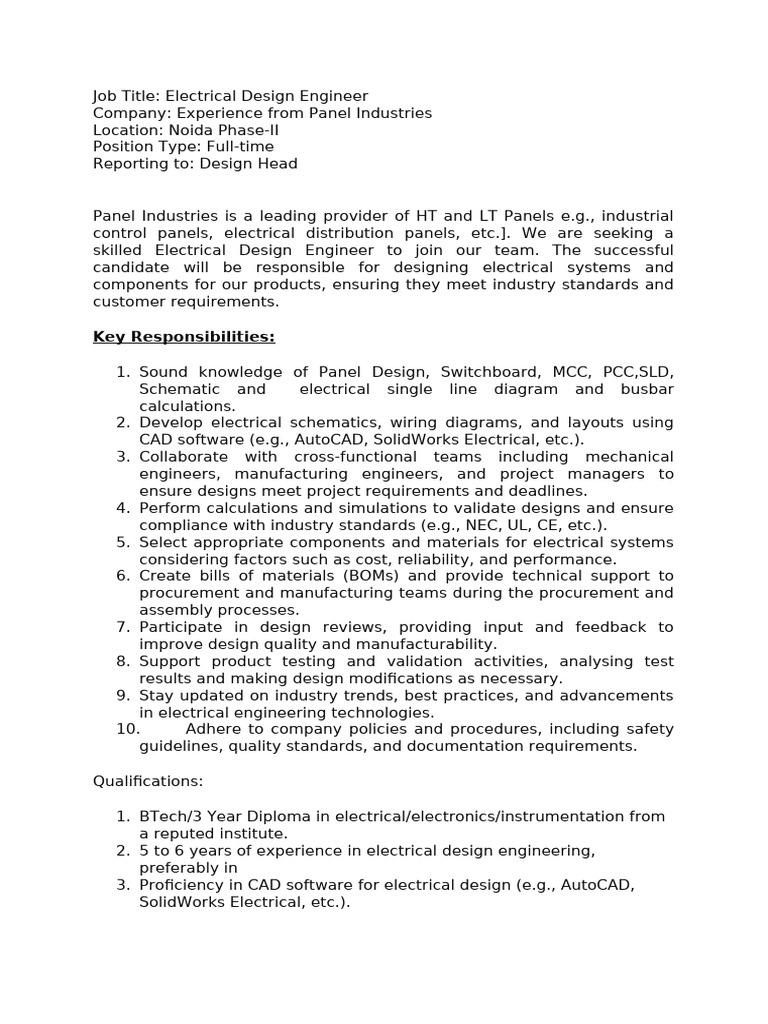 Electrical Design Engineer Job in Noida | PDF | Engineering ...