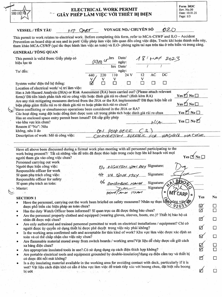 Electrical Work Permit 01023 | PDF