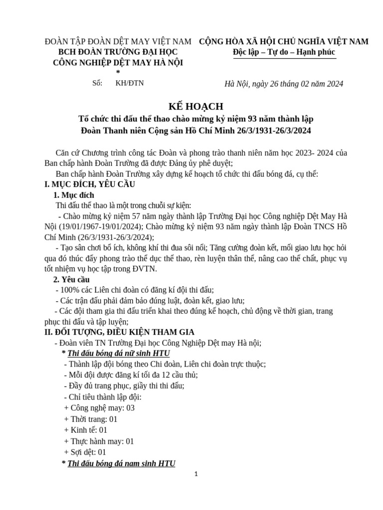 KH Thi Đấu BĐ 2024 | PDF