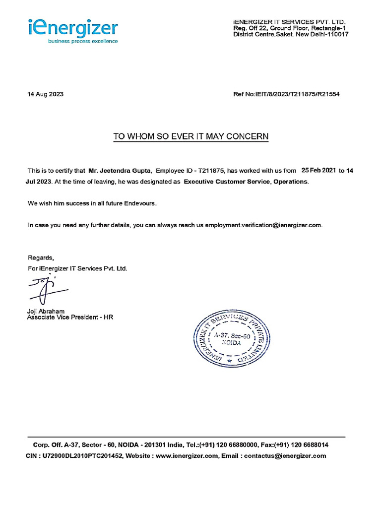 Ienergizer Relieving Letter | PDF