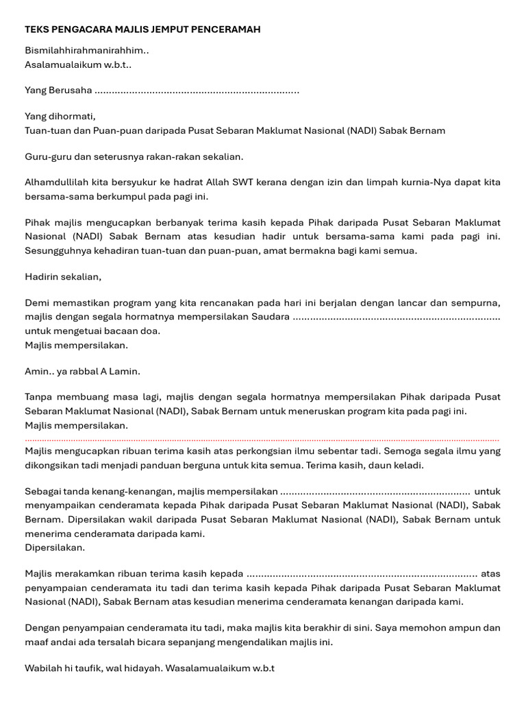 Teks Pengacara Majlis Jemput Penceramah | PDF