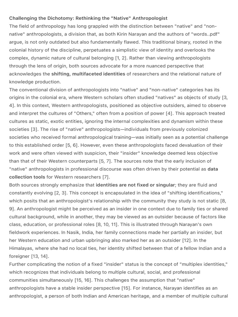 Challenging The Dichotomy - Rethinking The Native Anthropologist | PDF ...