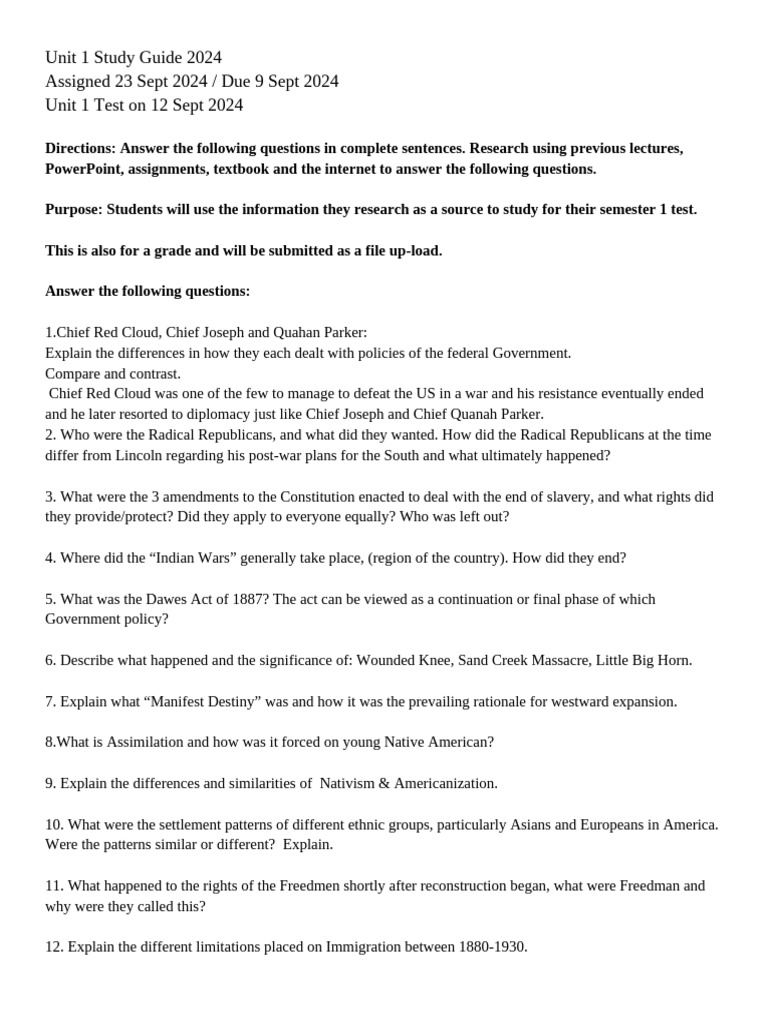 Unit 1 2024 Study Guide - Yehudah Mathew | PDF | Freedman ...