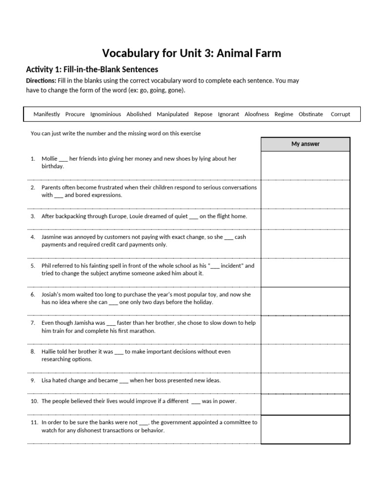Vocabulary Exercises for Animal Farm | PDF