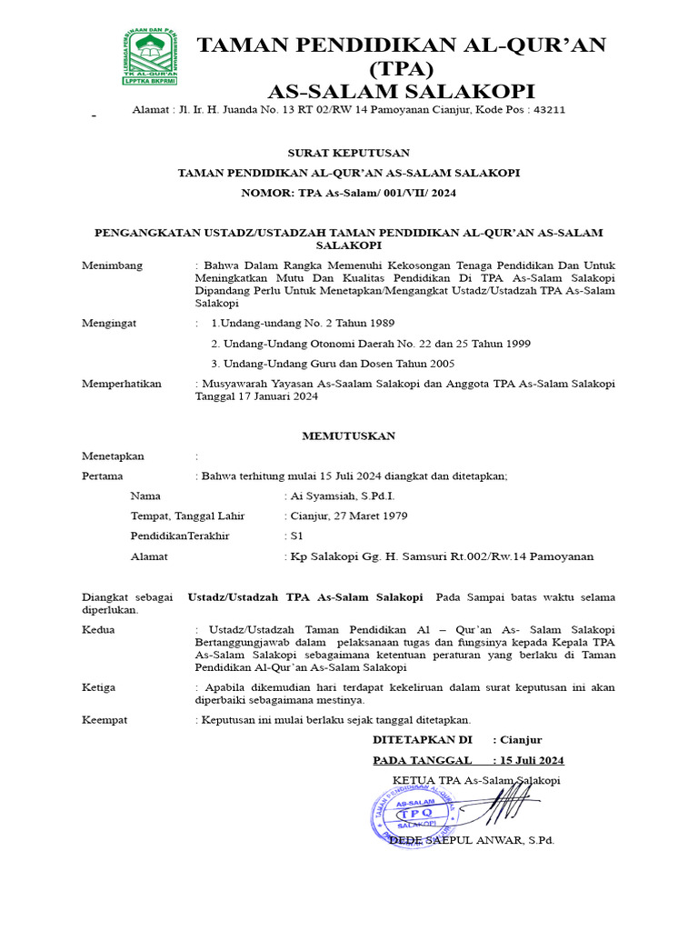 SK-Pengajar-TPA-Awal Ai Syamsiah | PDF
