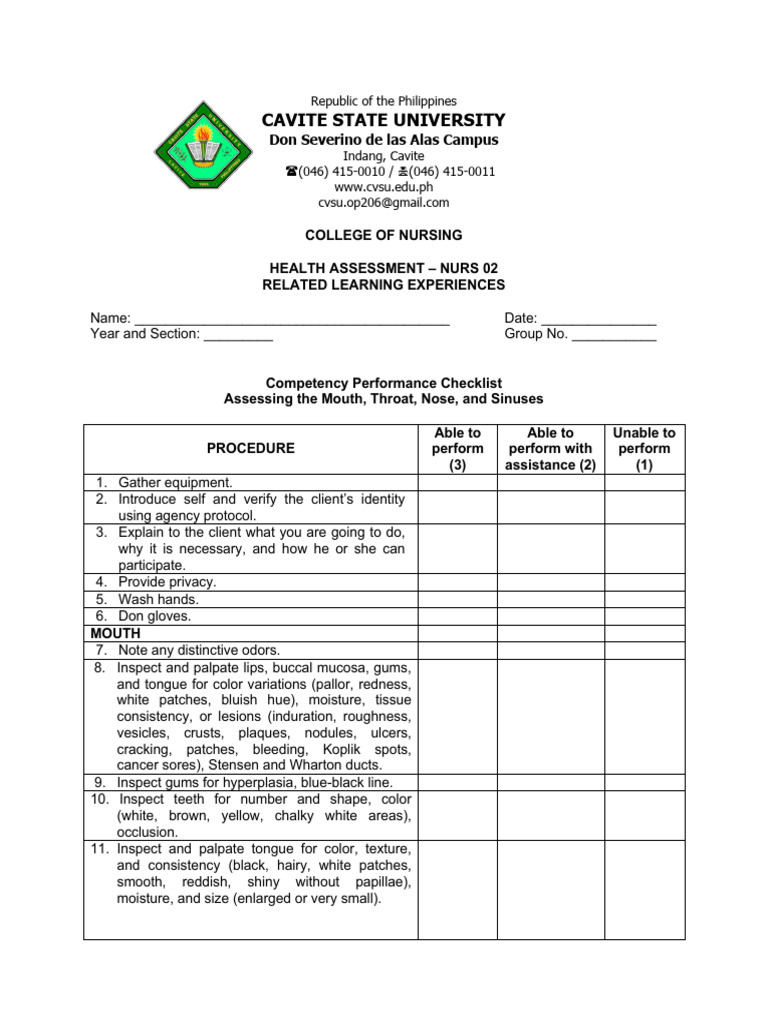 Nurs 02 Checklist Mouth, Nose, and Sinuses | PDF | Human Nose | Medical ...