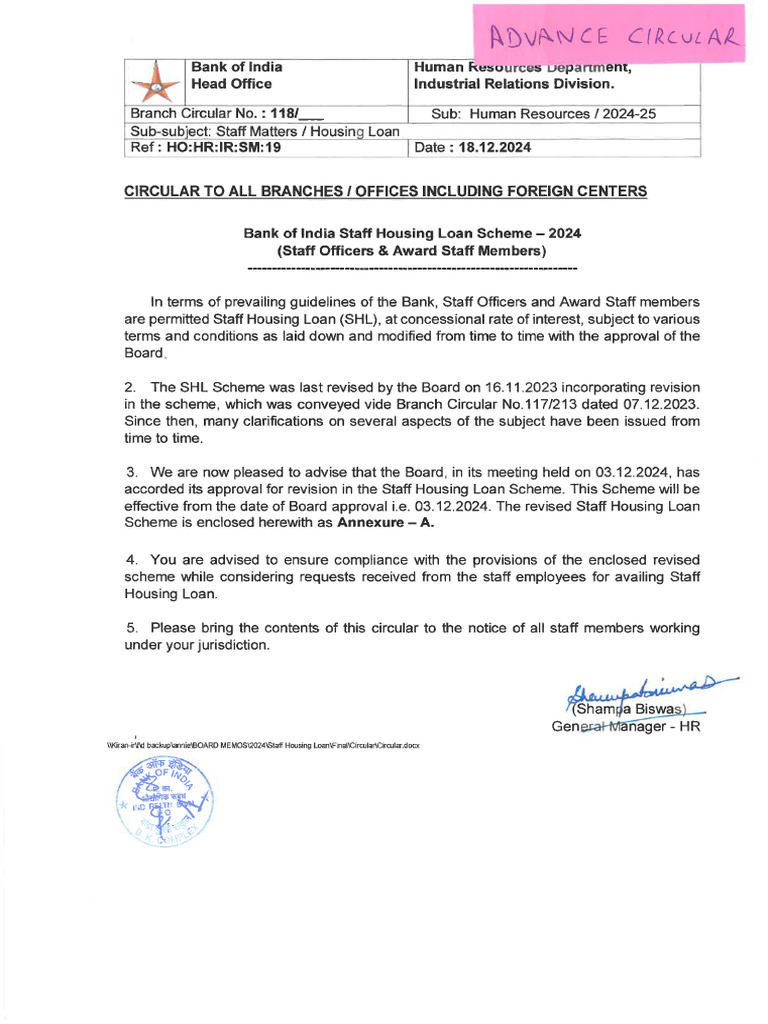 Advance Circular - Staff Housing Loan | PDF