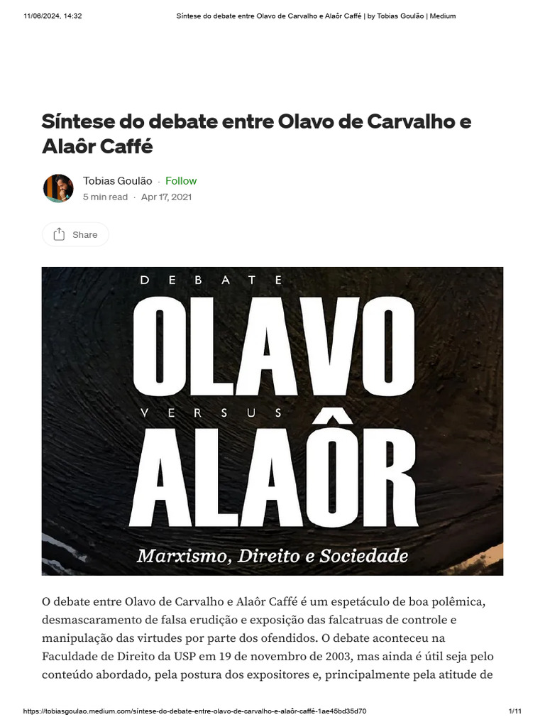 Síntese Do Debate Entre Olavo de Carvalho e Alaôr Caffé | PDF ...