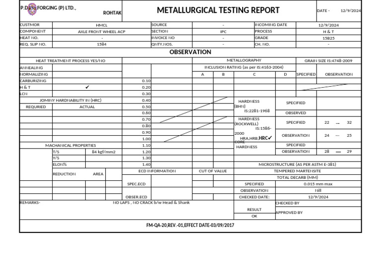 HARDNESS REPORT . | PDF | Heat Treating | Physical Sciences