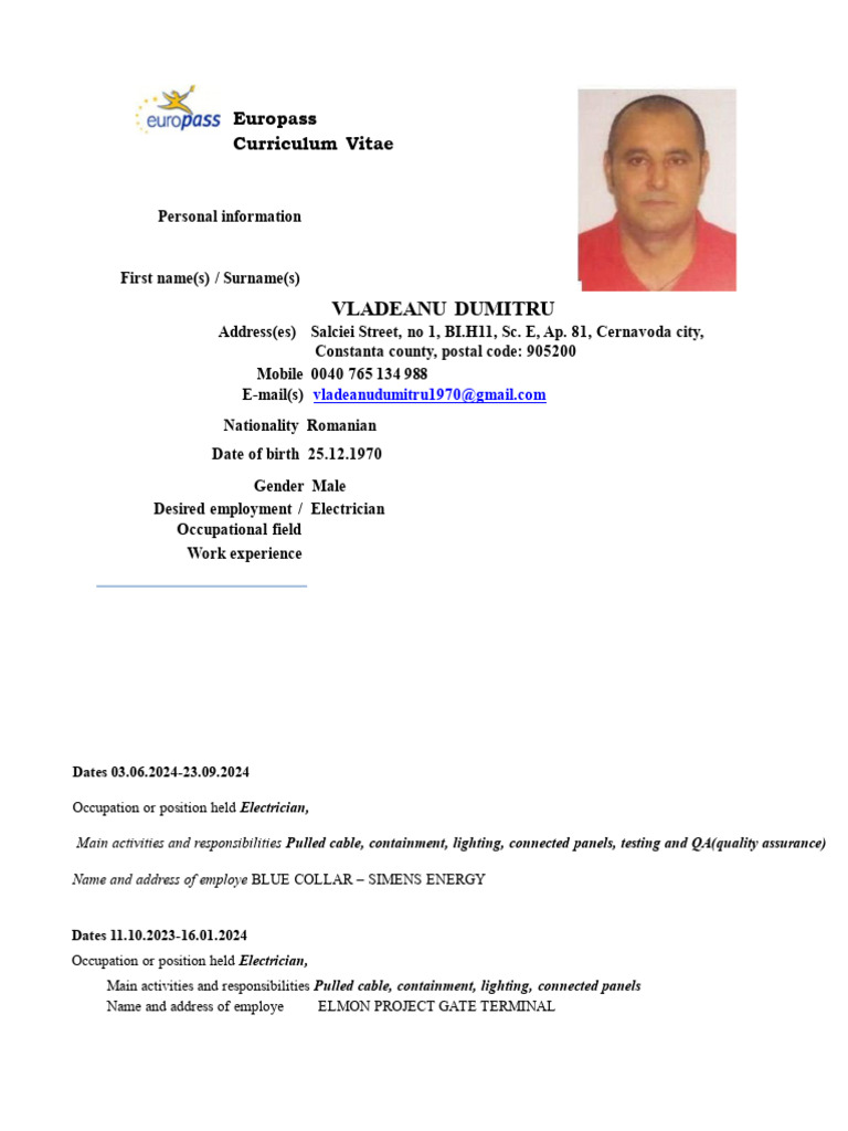 Dumitru CV | PDF | Electrical Wiring | Electrician