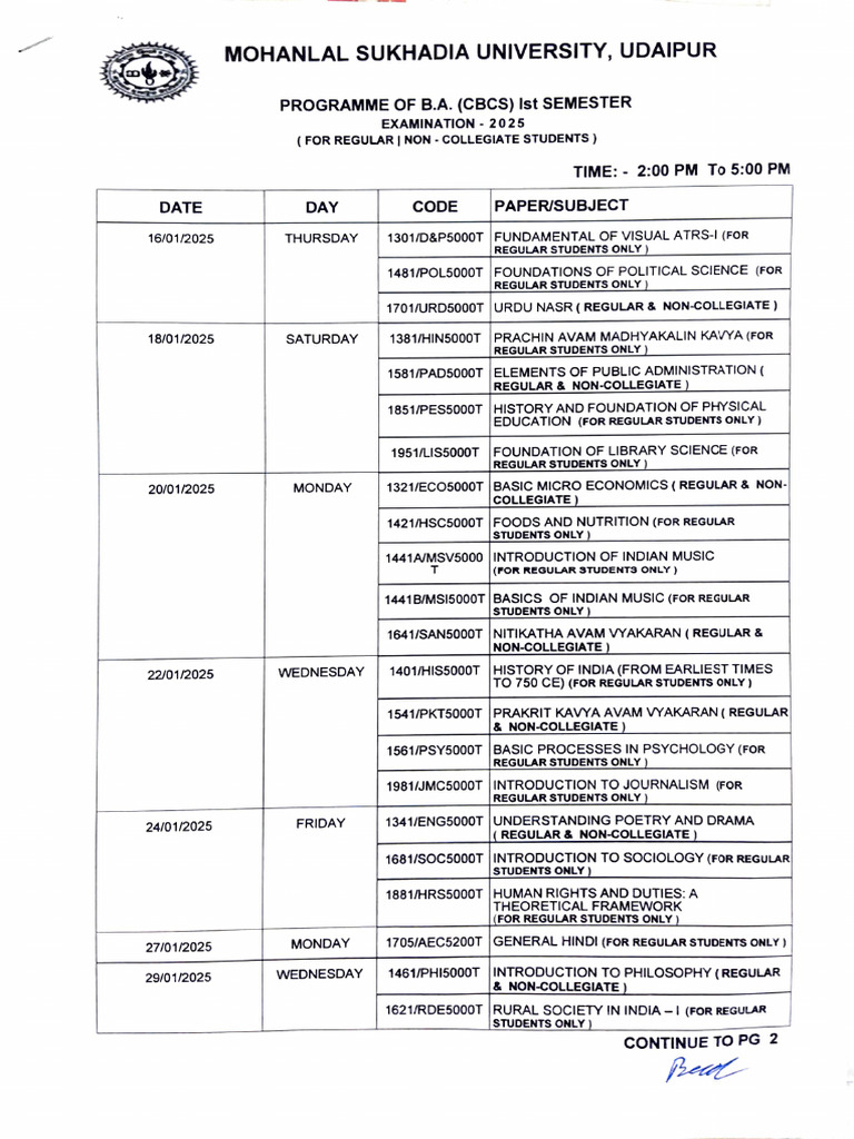Time Table of B.A. (CBCS) Ist Semester Examination 2025 (For Regular, Non-Collegiate Students ...