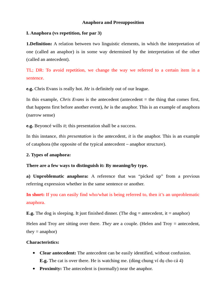 Anaphora and Presupposition | PDF | Pronoun | Grammar