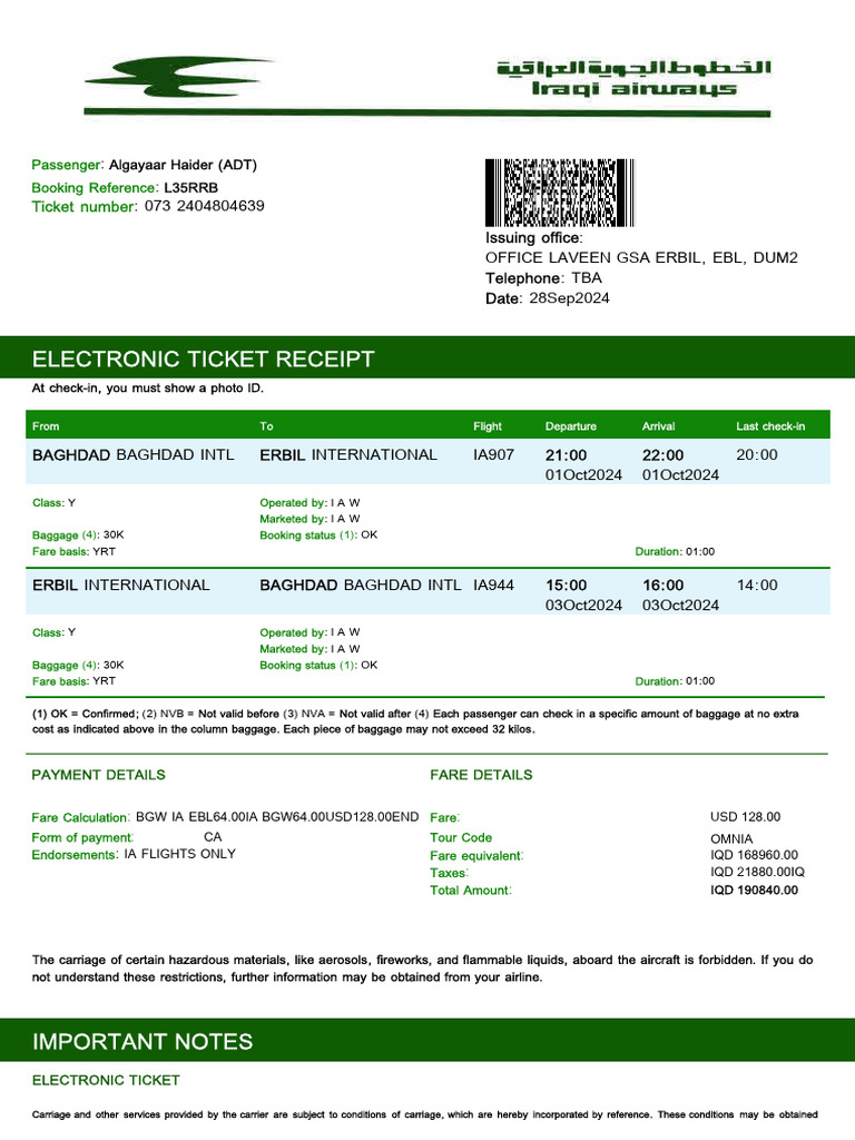 Iraqi Airways Eticket - HAIDER | PDF