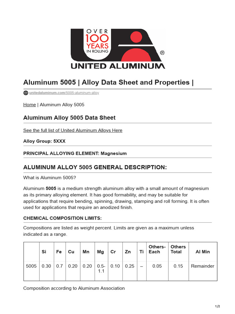 Aluminum 5005 Alloy Data Sheet | PDF | Aluminium | Alloy