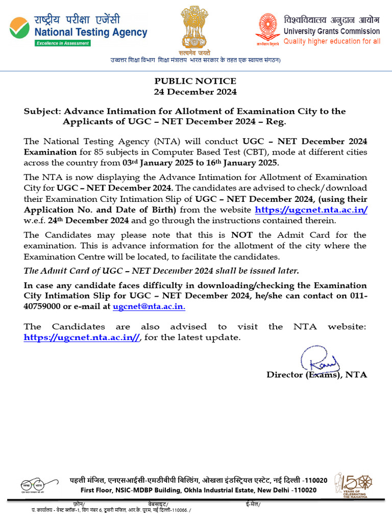 Public Notice For Advance City Intimation of Ugc Net December 2024 ...