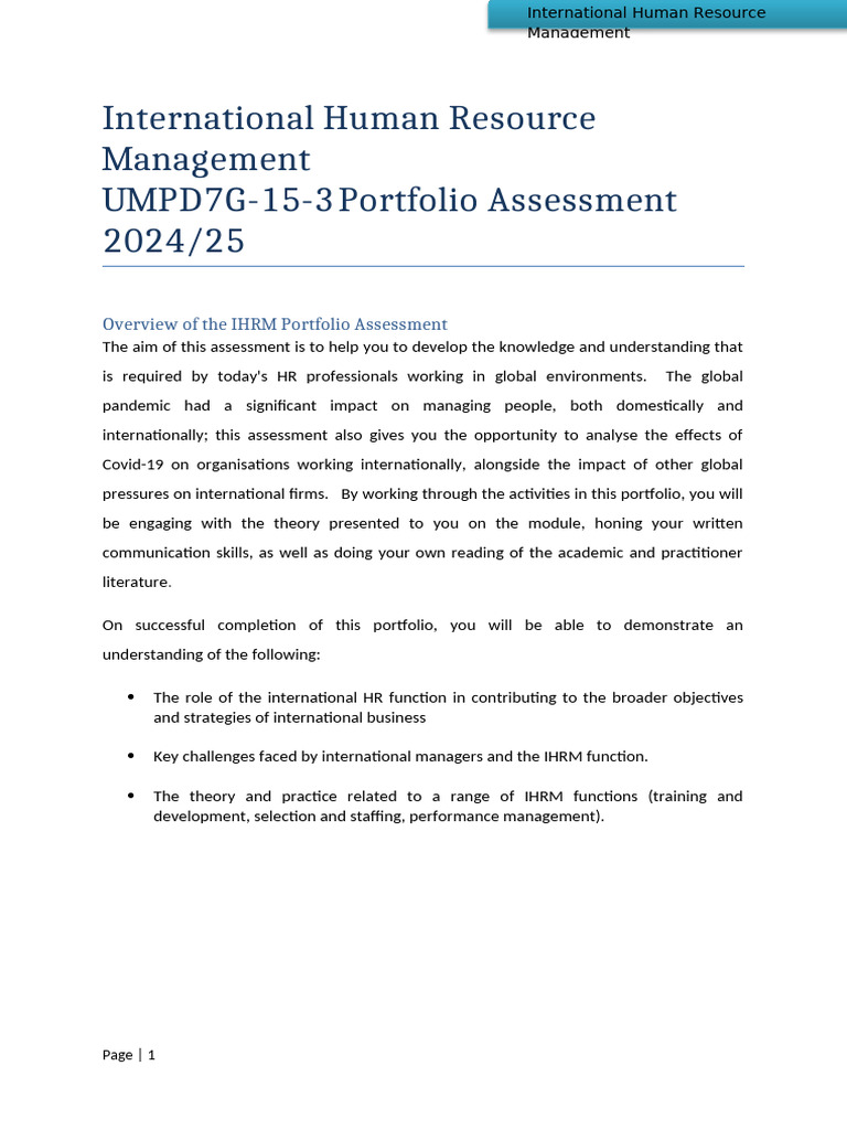IHRM Portfolio Assessment 2024-25 V2 (1) | PDF | Evaluation | Human Resources