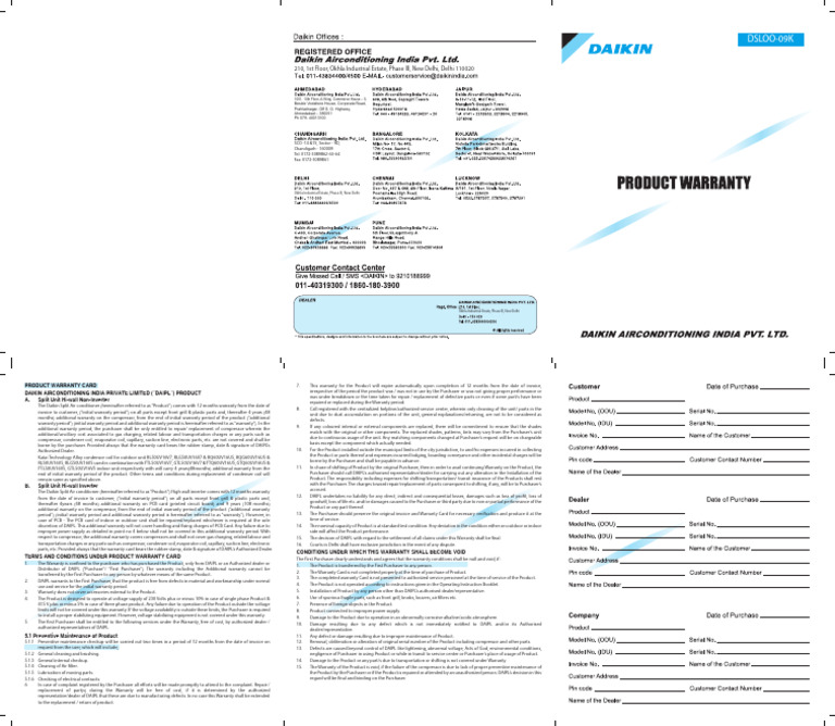 Daikin WarrantyCard 2940008002234MTKM50UV16VA 01-2024 | PDF ...