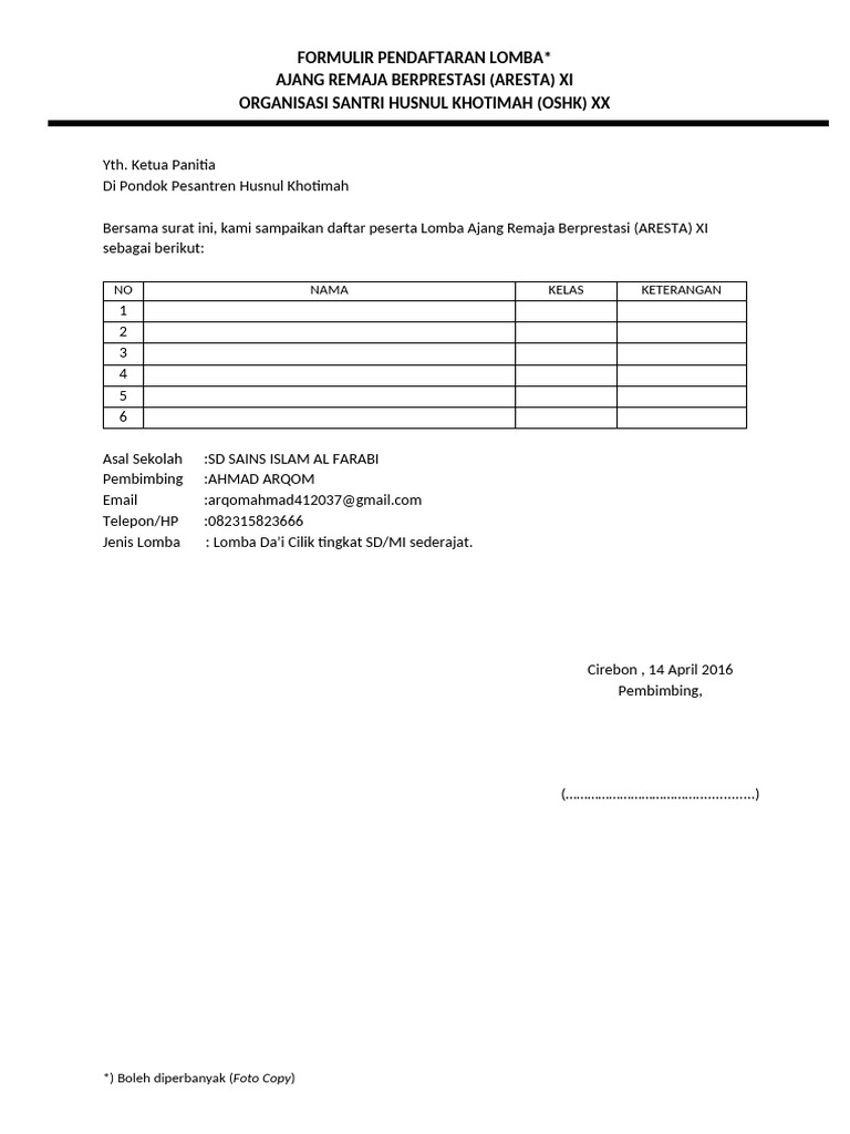 Formulir Pendaftaran Lomba | PDF