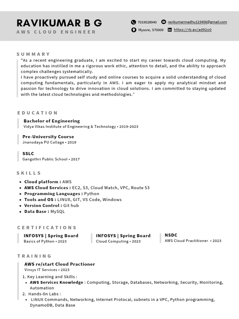 RAVIKUMAR B G Resume PDF | PDF | Amazon Web Services | Cloud Computing