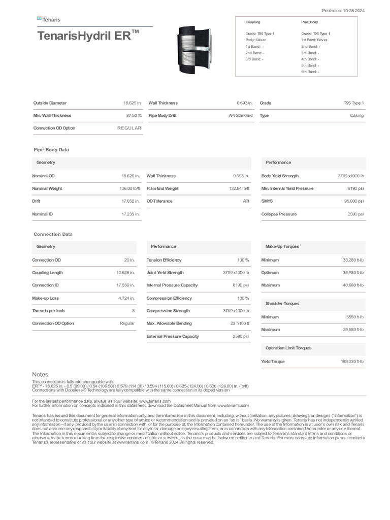 Tenaris ER™ 18.625 - 0.693 - T95 Type1 | PDF | Pipe (Fluid Conveyance ...