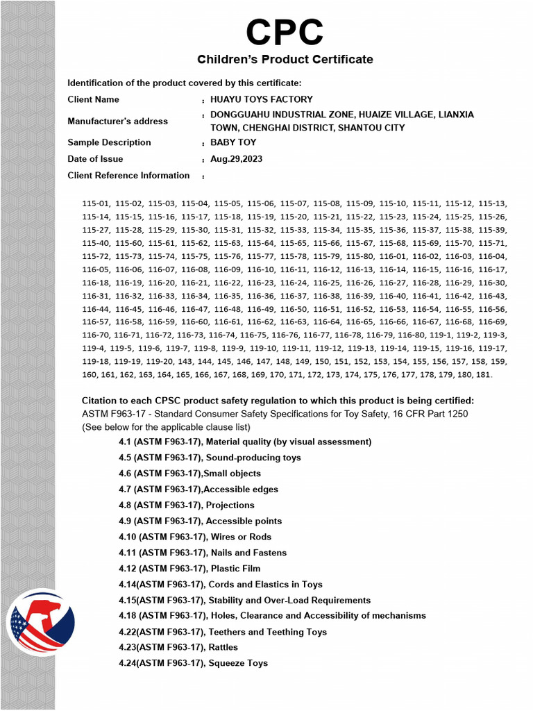 CPC for Huayu Baby Toy Compliance | PDF