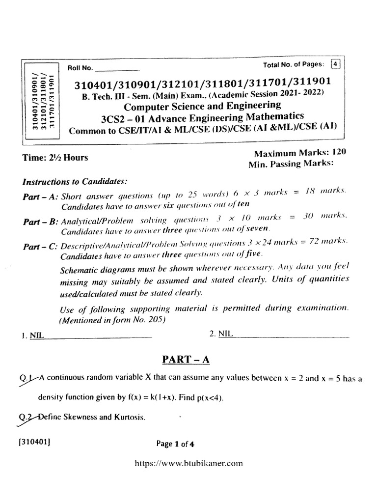 Btech 3 Sem Advance Engineering Mathematics 310401 2022 | PDF