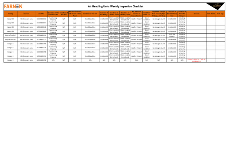 AHU Weekly Inspection Checklist | PDF | Machines | Building Engineering
