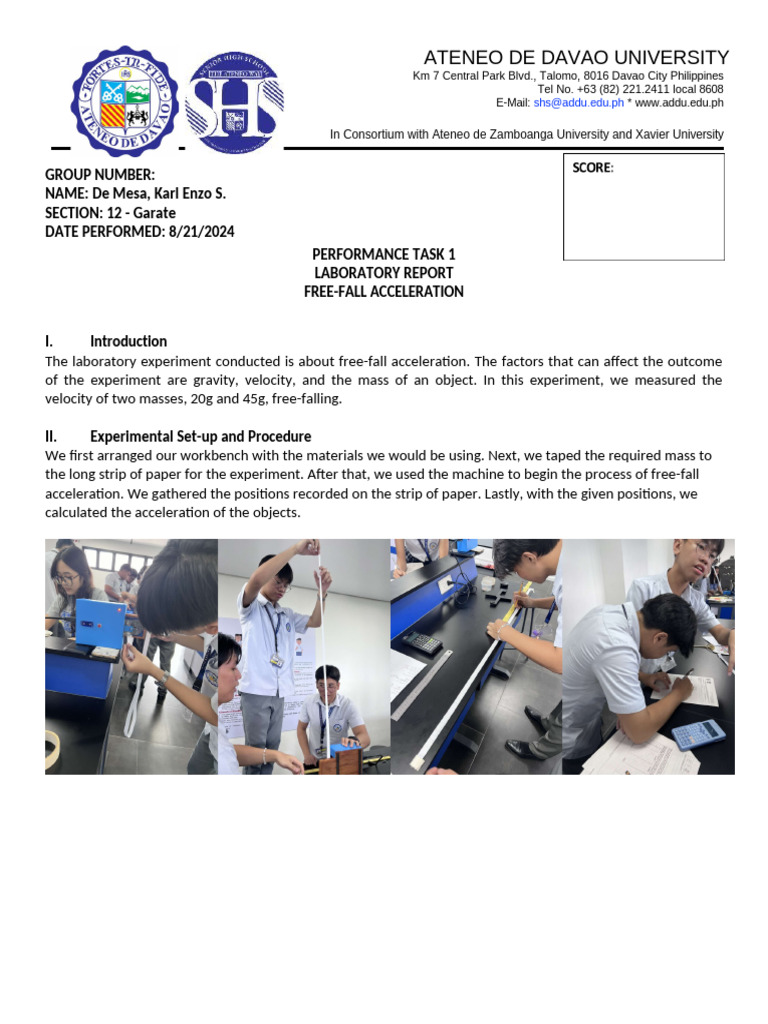 Physics Lab Report - Free Fall Acceleration 1 | PDF | Gravity | Force