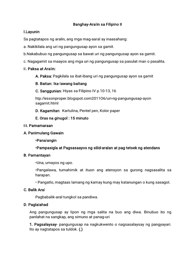 Banghay-Aralin Filipino II (Kurangking) | PDF
