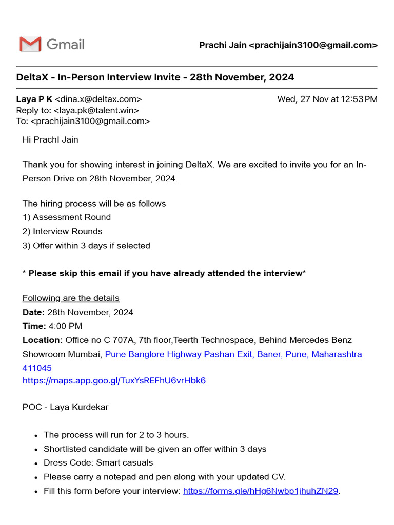 DeltaX - In-Person Interview Invite - 28th November, 2024 | PDF