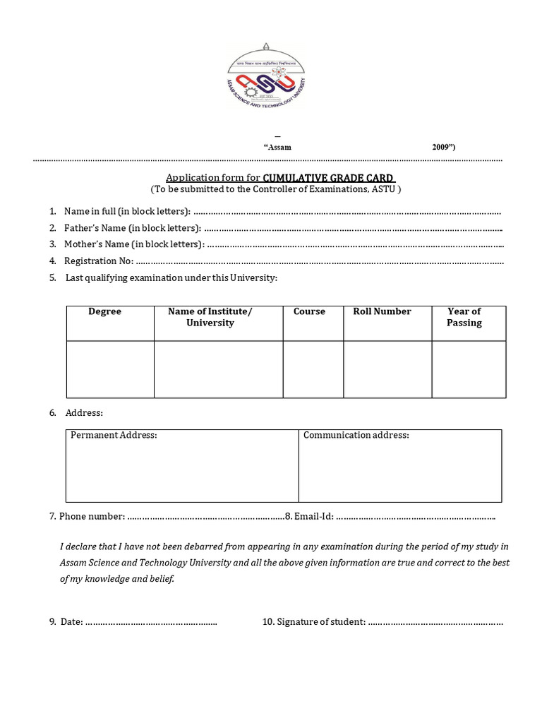 Form For Cumulative Grade Card | PDF