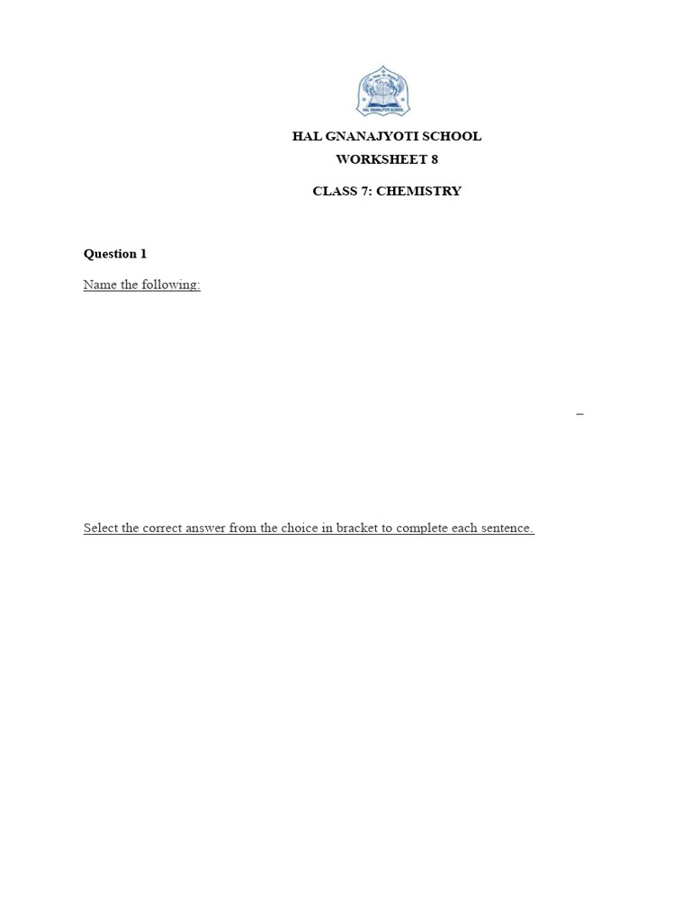 Worksheet 8 - Class 7 Chemistry | PDF | Oxygen | Nitrogen