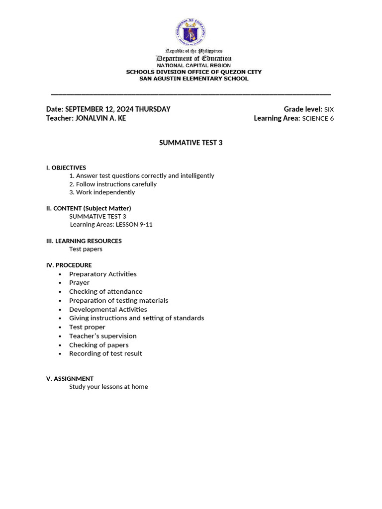 Lesson Plan-Summative Test 3 | PDF