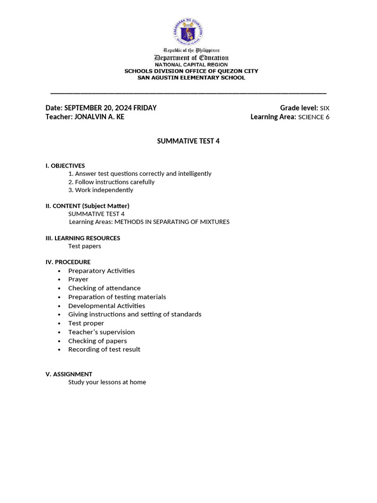 LESSON PLAN-SUMMATIVE TEST 4 | PDF