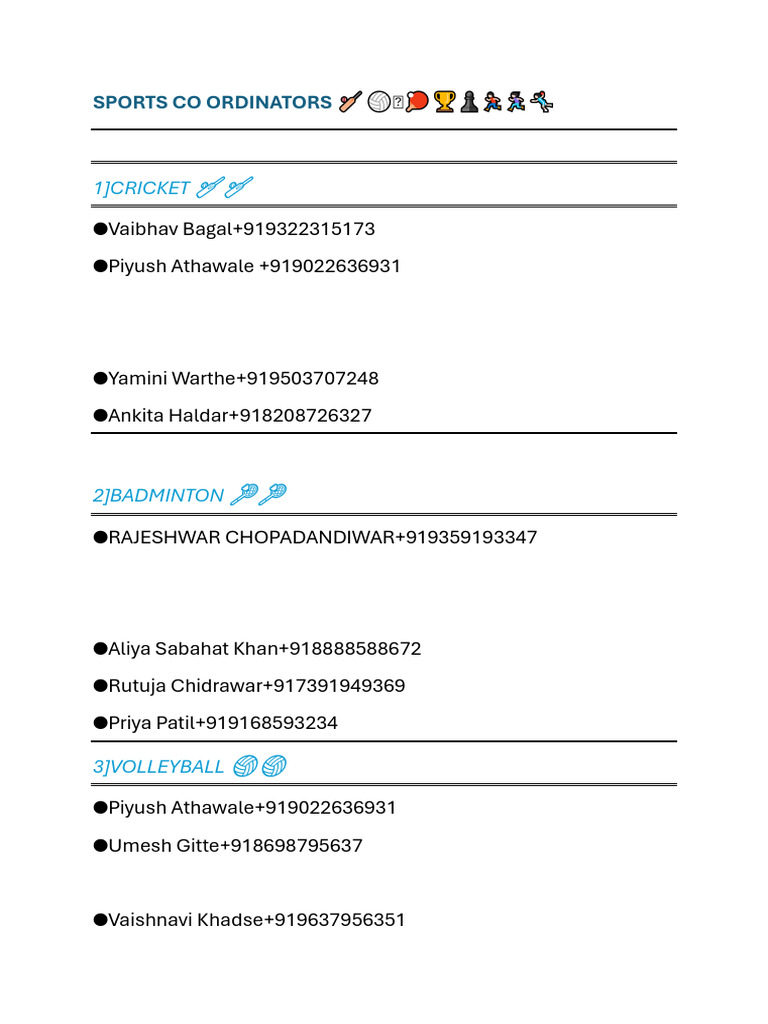 Sports Coordinators Contact List | PDF