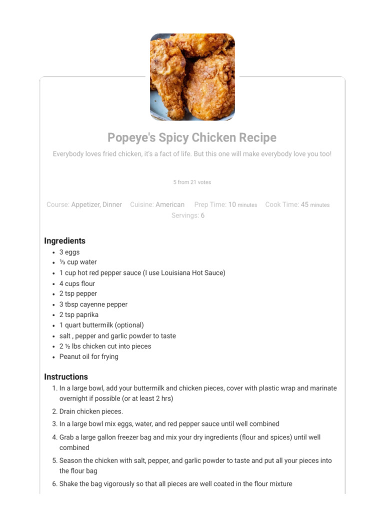 Popeye's Spicy Chicken Recipe Guide | PDF