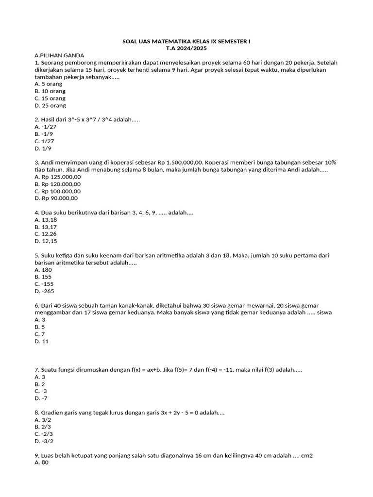 Soal Uas Matematika Kelas Ix Semester I | PDF