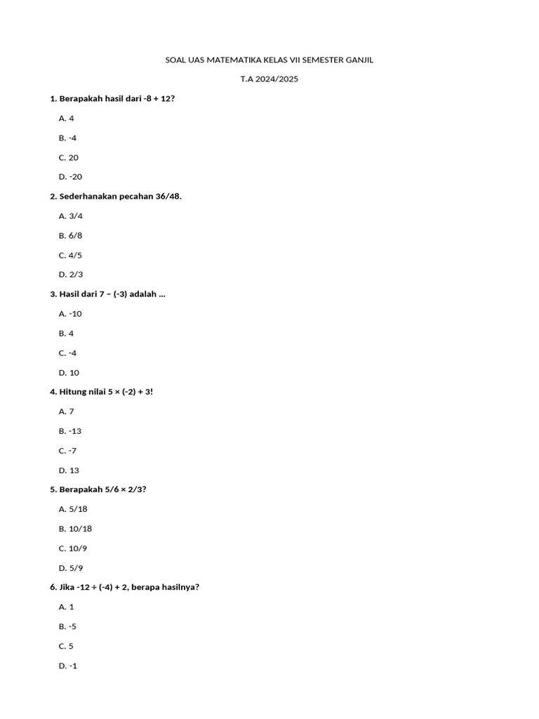 Soal Uas Matematika Kelas Vii Semester Ganjil. | PDF