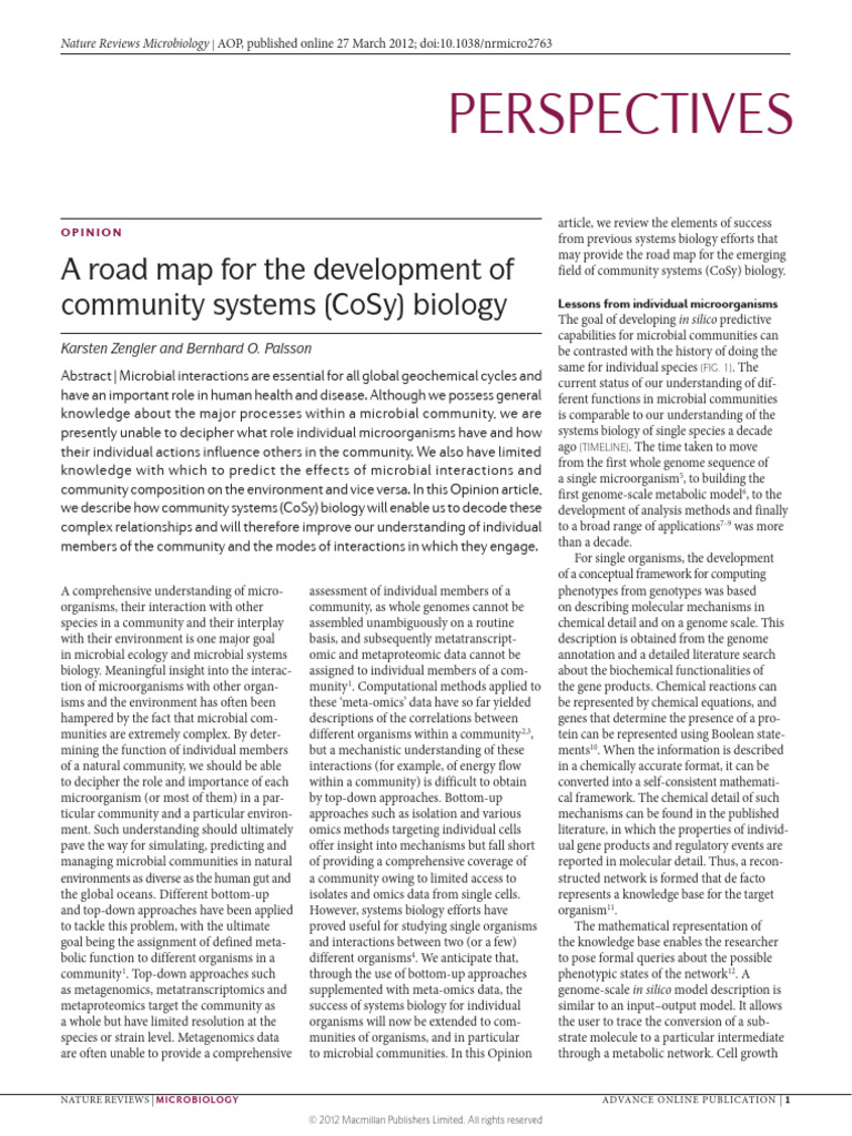 A road map for the development of community systems (CoSy) biology | PDF | Systems Biology | Biology