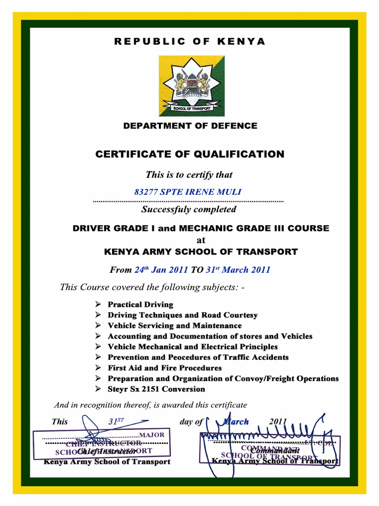 Irene Muli DOD Driving Cert | PDF