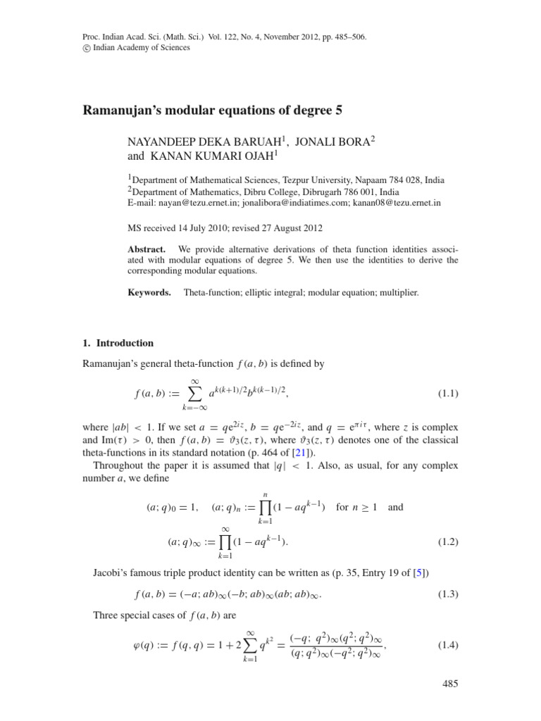 Ramanujan's Modular Equations of Degree 5: Nayandeep Deka Baruah, Jonali Bora and Kanan Kumari ...
