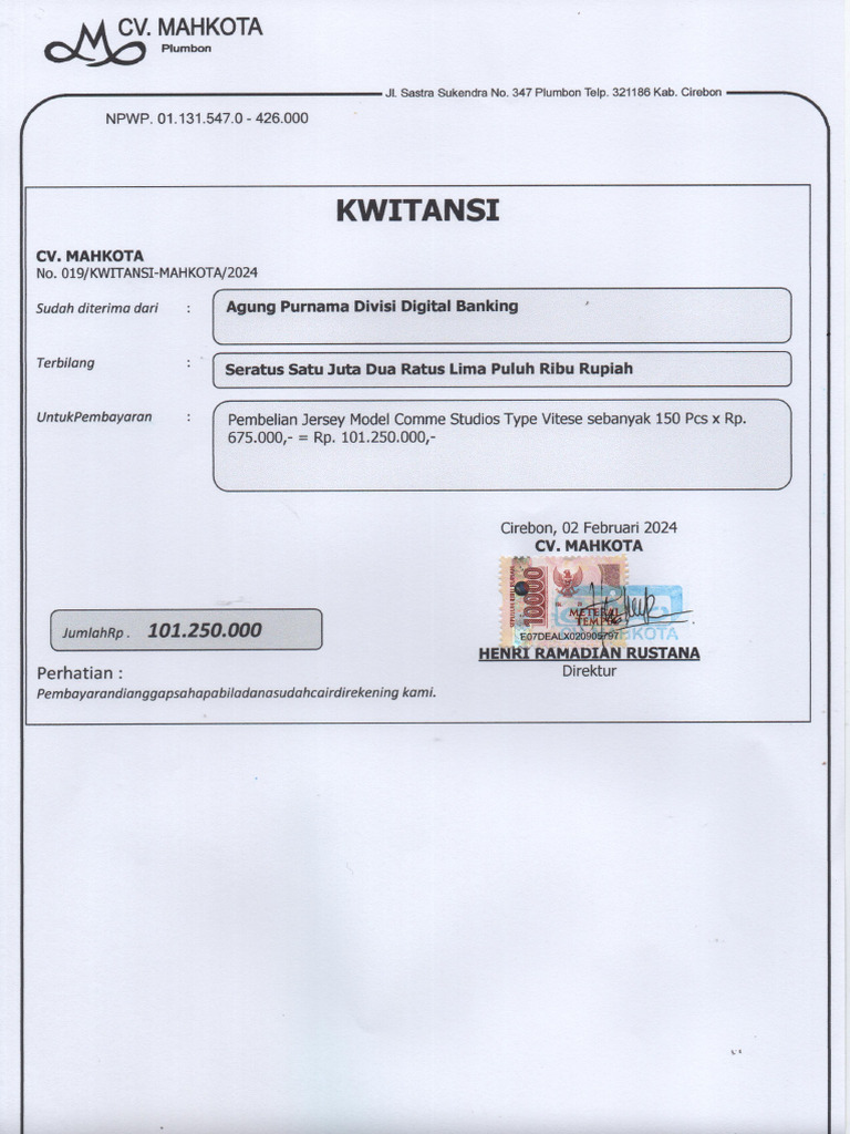 Kwitansi Dan Invoice CV Mahkota | PDF