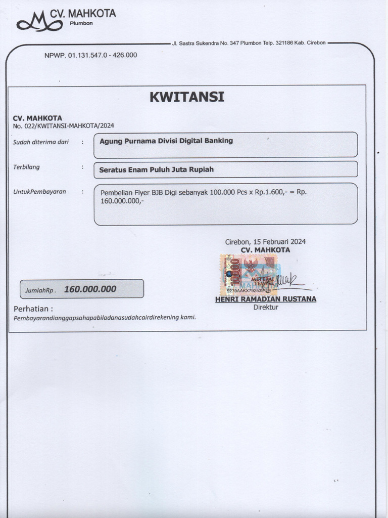 Kwitansi Dan Invoice CV Mahkota 160 | PDF