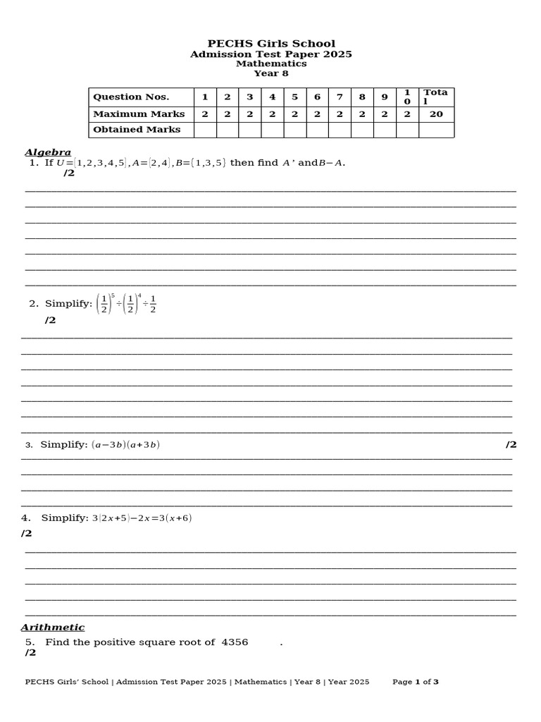 Admission Test Paper 2025, Year 8, Mathematics. | PDF