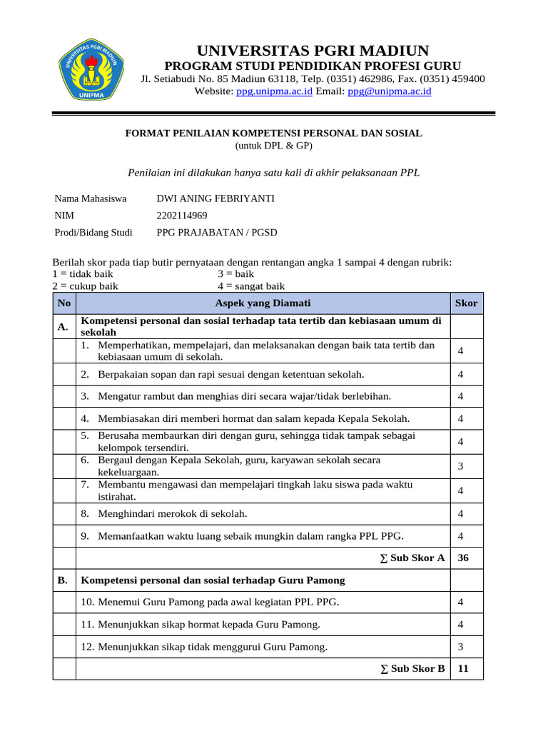 Format Penilaian Kompetensi Personal Dan Sosial | PDF