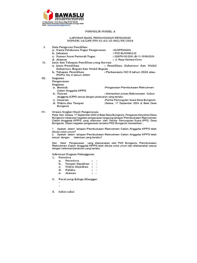 LHP Pengawasan Rekrutmen Calon Kpps Desa Bunigeulis | PDF