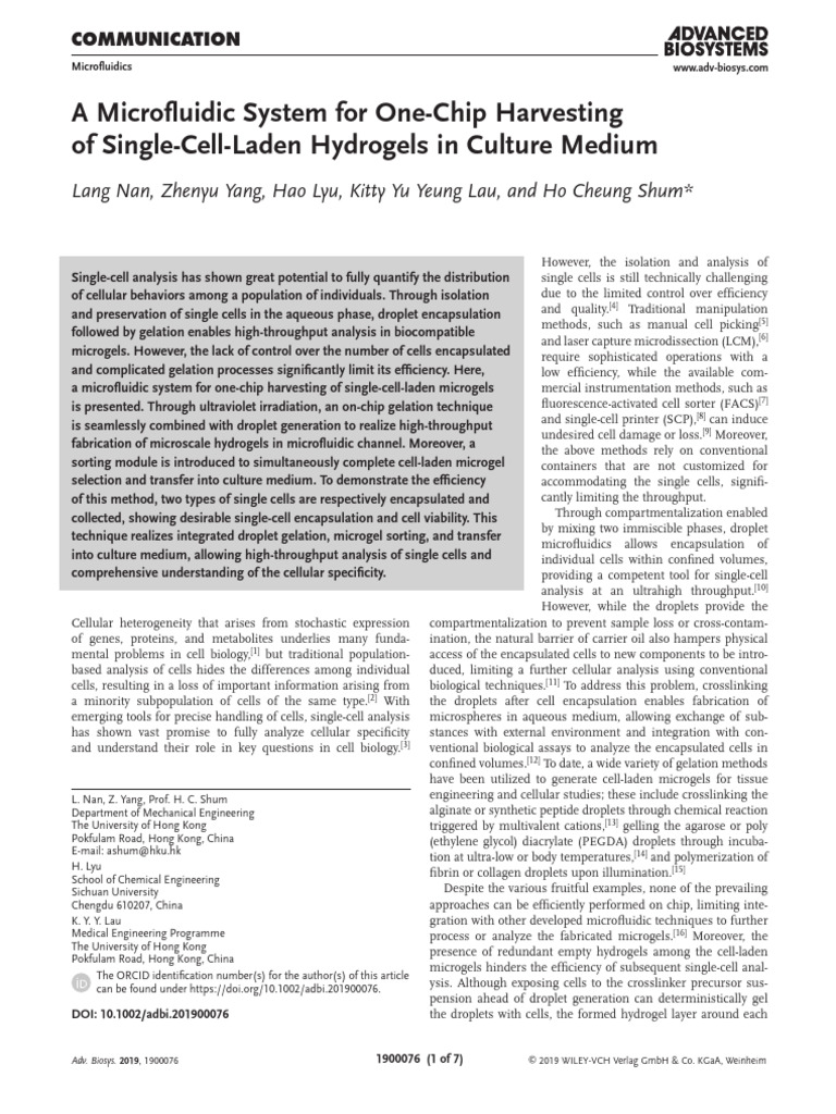 A Microfluidic System For One-Chip Harvesting of Single-Cell-Laden ...