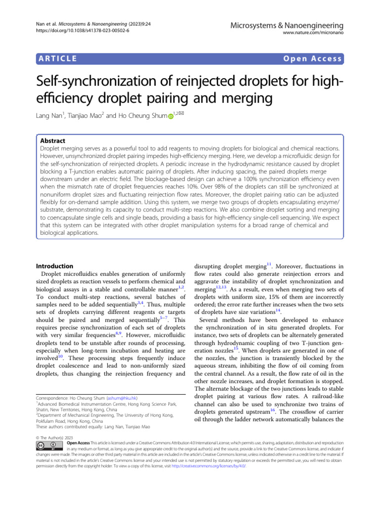 Self-Synchronization of Reinjected Droplets For High-Efficiency Droplet Pairing and Merging ...